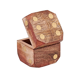 Asiatic Craft Dice Box Game Set Comes with 5 Dices - Wooden Brass Inlay Holder Roller Storage Protect Rolling Standing Display Counters Mini Travel Board Coffee Table