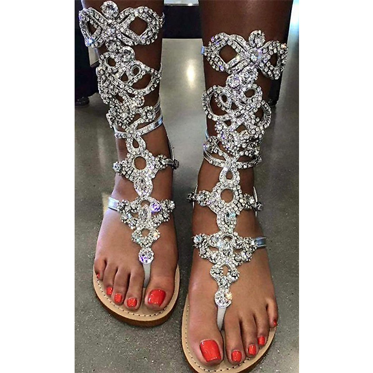 Hinyyrin Women's Rhinestone Sandals Silver Gladiator Sandals Summer Flat Dress Sandals Beach Wedding Banquet Size 7