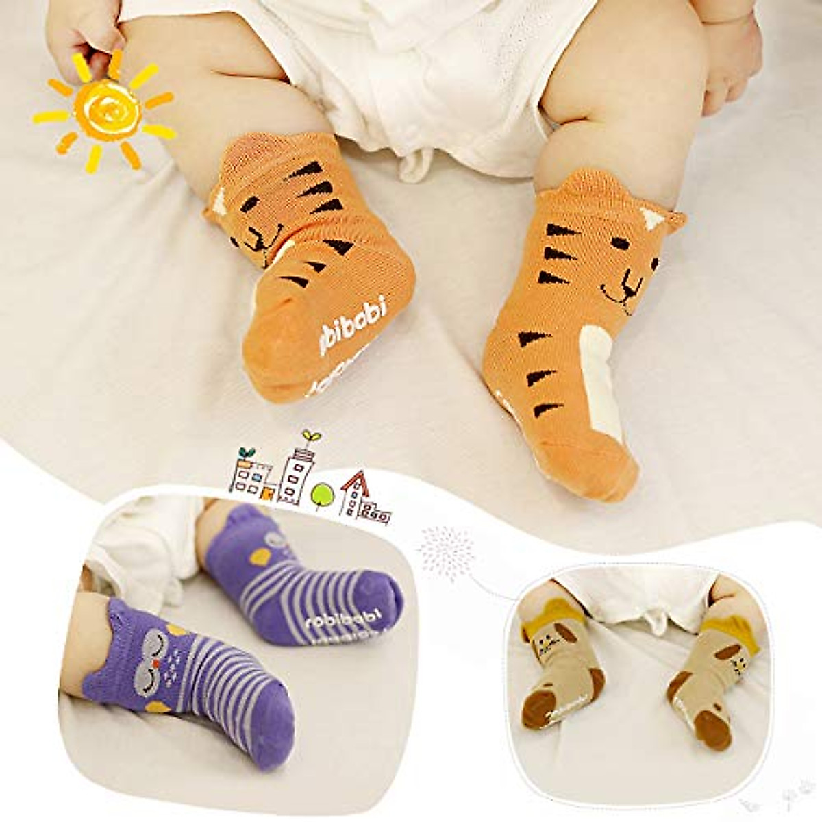 Fanairy Baby Boys Girls Socks with Grips Toddler Infant Non-Skid Crew Cotton Cartoon Socks 12 Pack, Assorted Color, 1-3T