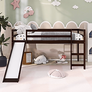 Harper & Bright Designs Kids Low Loft Bed with Slide, Twin Size Wooden Loft Bed Frame, Espresso