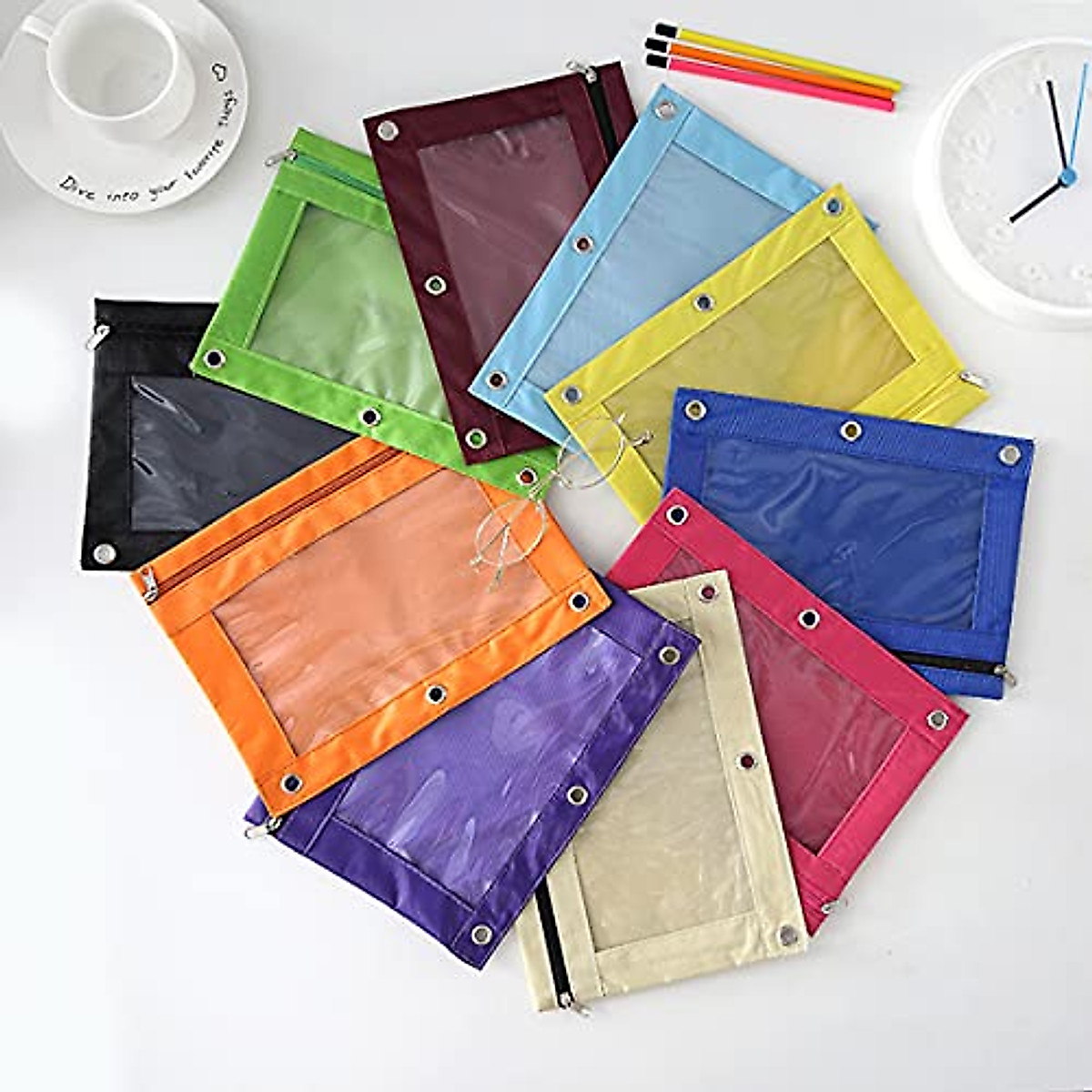 Zippered Pen Pencil Binder Pouch 3 Rings with Clear Window for School Classroom Organizers 8 Pcs (Yellow)