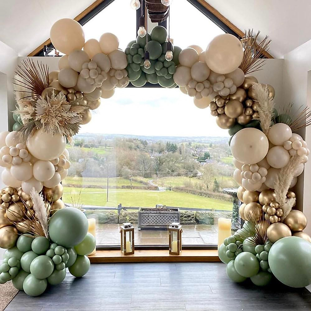 Sage Green Balloon Garland Arch Kit 153pcs Sand White Chrome Metallic Gold Avocado Olive Boho Pastel Balloons for Baby Shower Birthday Wedding Jungle Safari Party Decorations