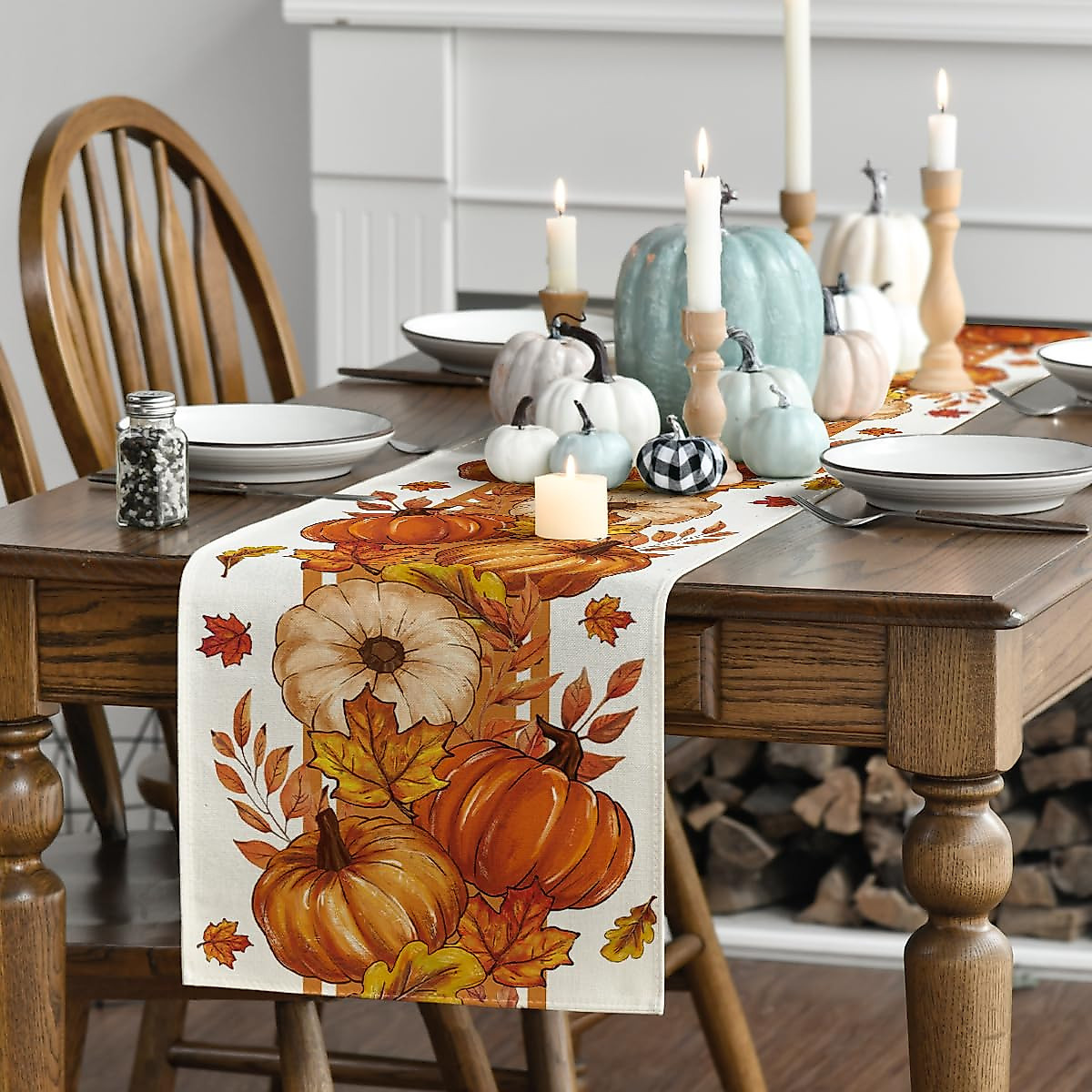 Artoid Mode Orange Pumpkin Maple Leaf Stripes Fall Table Runner, Seasonal Autumn Kitchen Dining Table Decoration for Home Party Decor 13x72 Inch