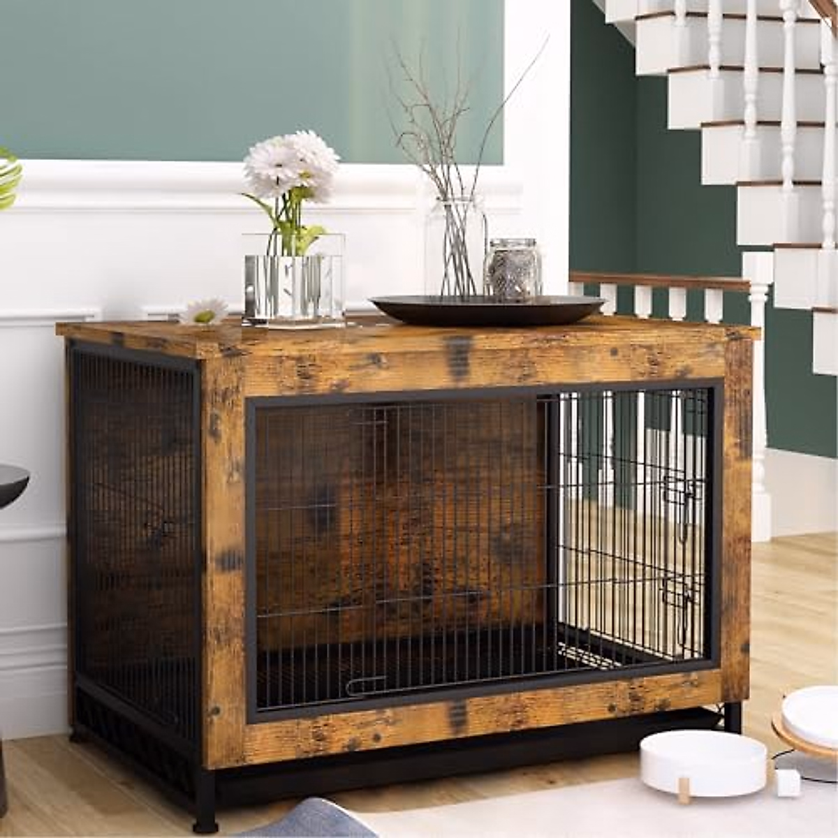 Lamerge Wooden Dog Crate Furniture for Large Dog, Heavy Duty Dog Crate End Table with Pull-Out Tray, 3-Door Dog Kennel, Indoor Pet Furniture, 44.3" L x 28.7" W x 31.9" H, Brown