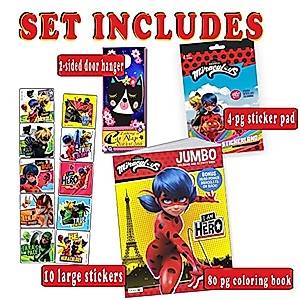 Miraculous Ladybug and Cat Noir - Activity Bundle - Miraculous Ladybug Stickers, Coloring Book, 2-Sided Door Hanger