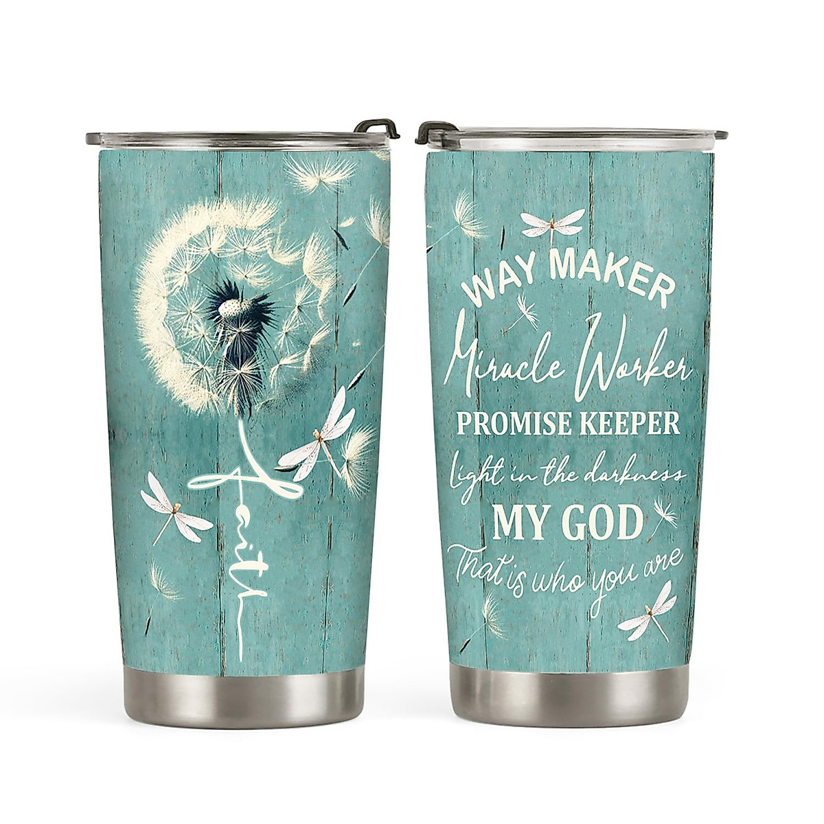 20oz Dandelion Dragonfly Faith Tumbler, Way Maker Miracle Worker Promise Keeper, Religious, Christian Gifts for Women, Stainless Steel Double Wall Vacuum Insulated Coffee Mug, Travel Cup with Lid
