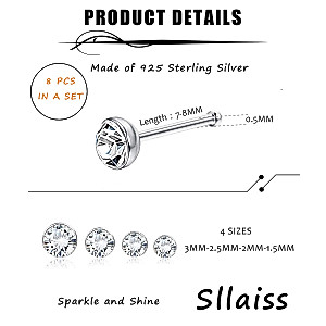 Sllaiss 8 Pcs 925 Sterling Silver Tiny Nose Ring Studs Set for Women Round Czech Crystal Nose Piercing Body Jewelry Hypoallergenic 1.5MM 2MM 2.5MM 3.5MM