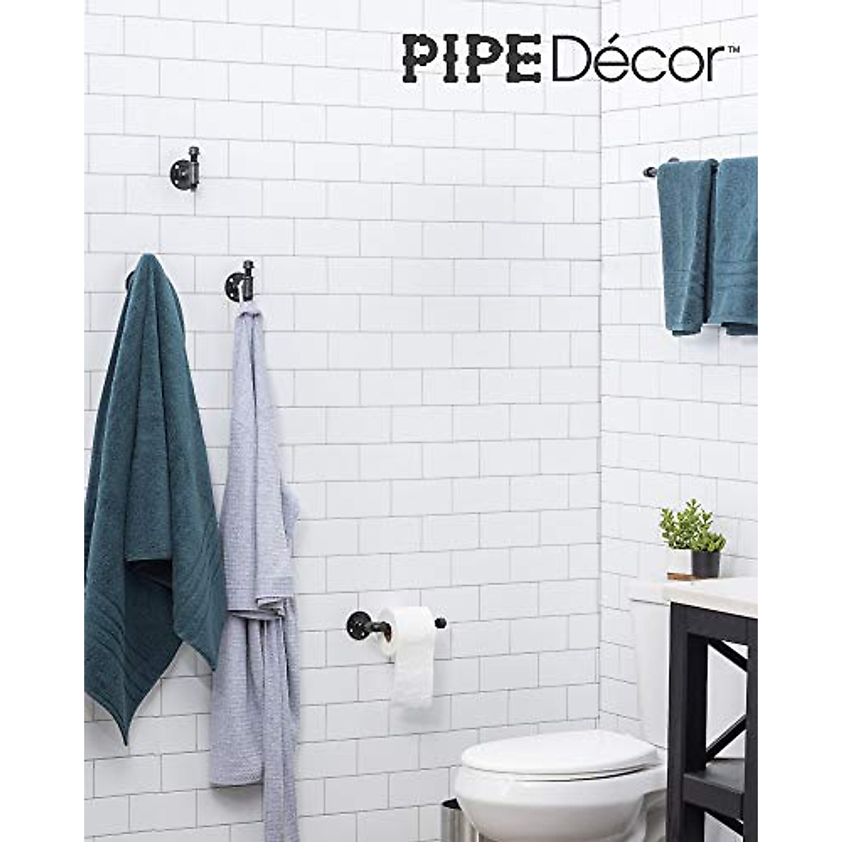 PIPE DECOR Robe and Towel Single Hook Kit Heavy Duty DIY Style, Rustic and Chic Industrial Iron Pipe with Electroplated Black Finish, Wall Mounted, Mounting Hardware Included, Oil + Rust Free (3)