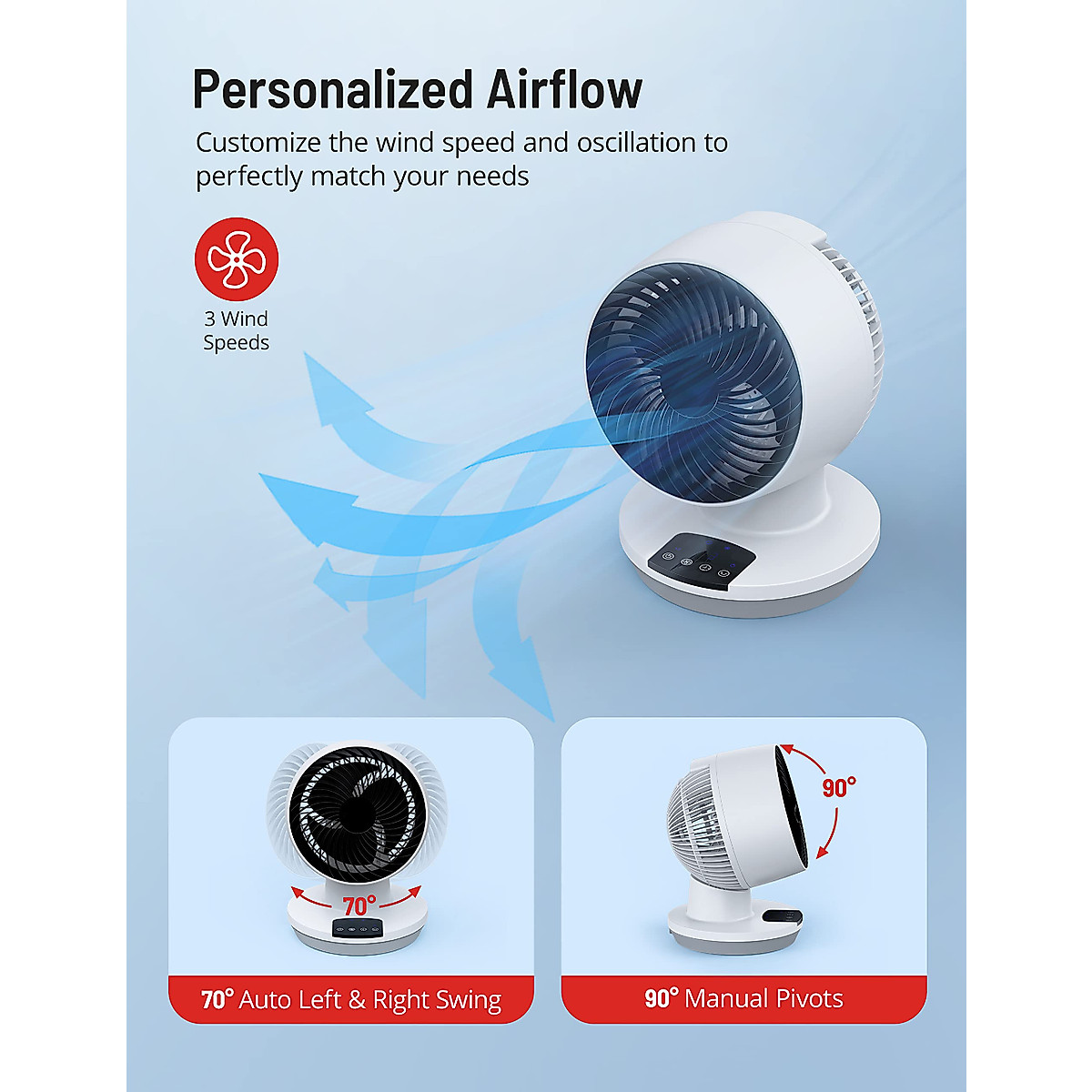 Mirdred Air Circulator Fan, 11 Inch Oscillating Table Fan with LED Display, 70ft Powerful Airflow, 120° Adjustable Tilt, 8H Timer, 3 Speeds, Quiet Desk Fan for Living Room, Office, Home