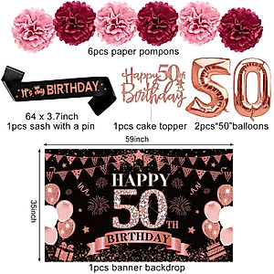 42PCS 50th Birthday Decoration Kit for Women, Rose Gold Happy 50th Bday Banner Balloons Honeycomb Centerpiece Swirl Paper Pompoms Party Supplies, 50 Bday Sash Table Cake Topper Swirls Set
