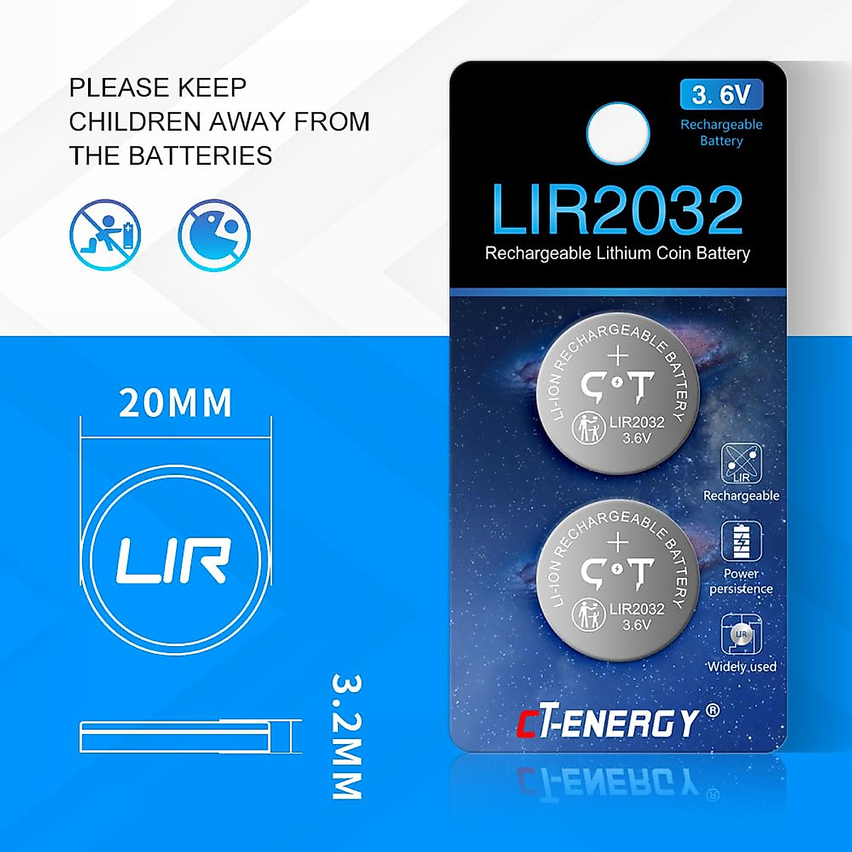 CT-ENERGY Rechargeable LIR2032 Batteries 3.6V Lithium Ion Button Coin Cell Batteries 2PCS AirTag Key Fobs Watch Battery Replacing