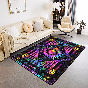Erosebridal Sun and Moon Rug 3x5, Colorful Tie Dye Area Rug, Mystic Stars Carpet, Psychedelic Celestial Astrology Bohemian Constellation Zodiac Washable Decorative Rug for Bedside