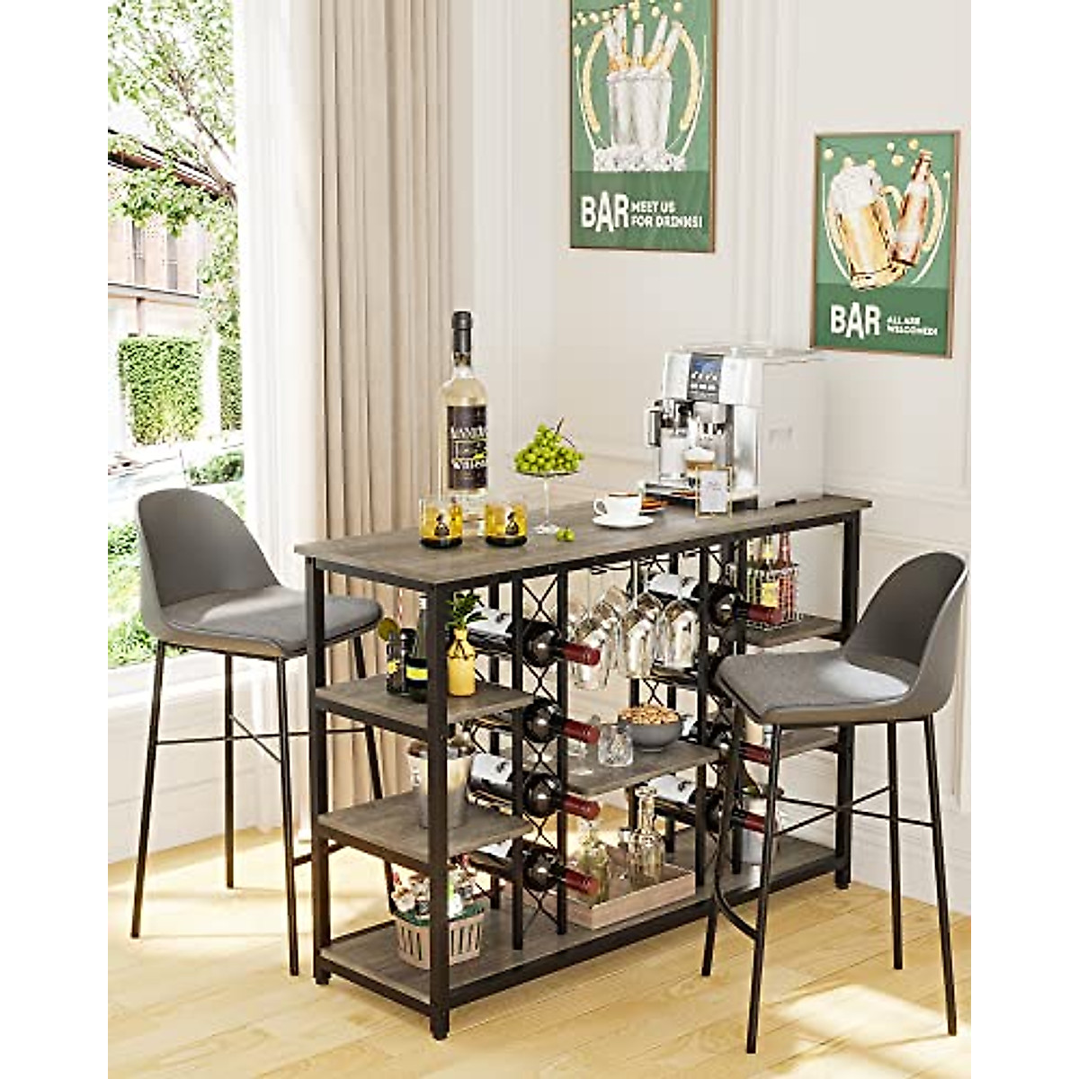 Teraves Modern Wine Rack Table, 47 Inch Wine Baker's Rack with Storage Shelves, 4 Tier Freestanding Wine Rack for Bar, Buffet, Home Kitchen Dining Room Living Room (Black Oak+Black Frame)