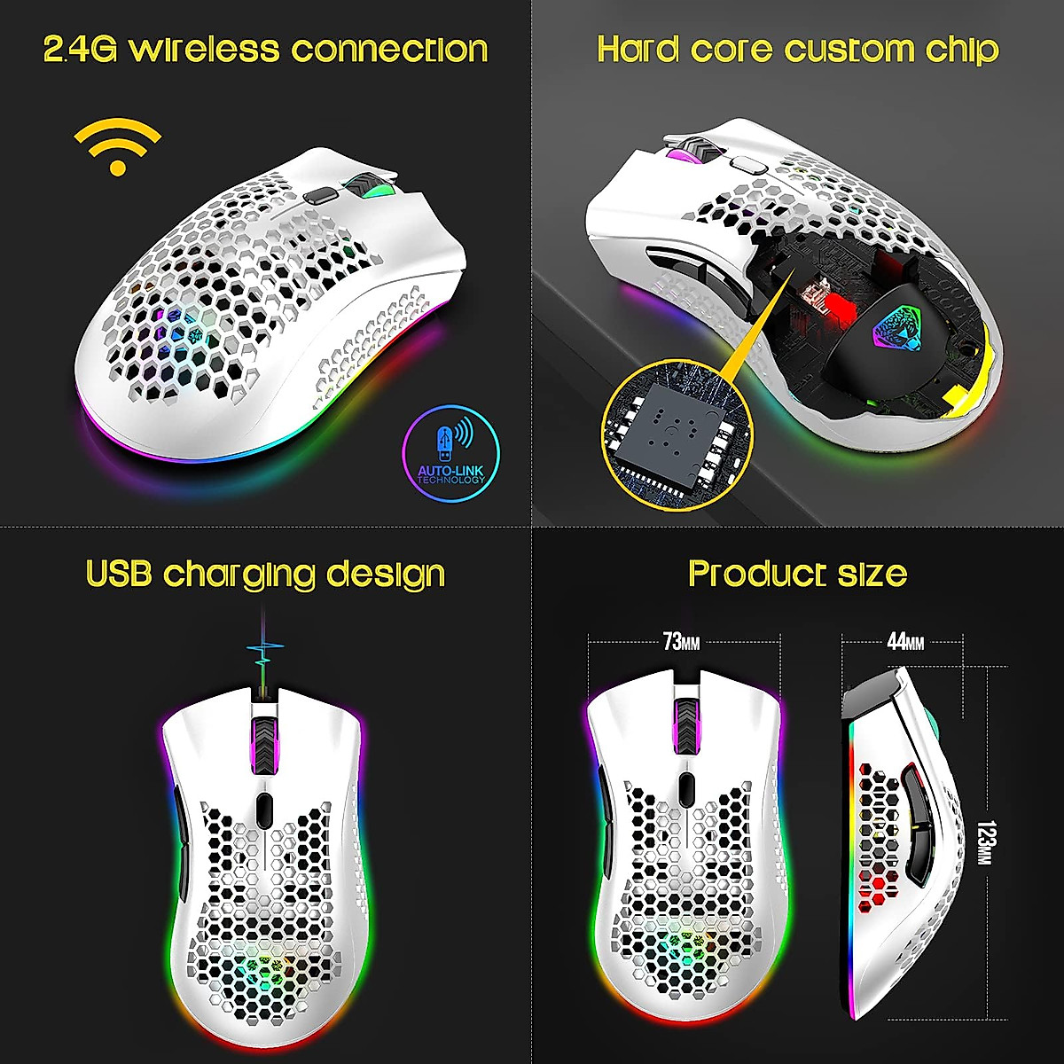VEGCOO Wireless Gaming Mouse, Silent Click Wireless Rechargeable Mouse with Colorful LED Lights and 3 Level DPI 400mah Lithium Battery for Laptop and Computer (C23 White)