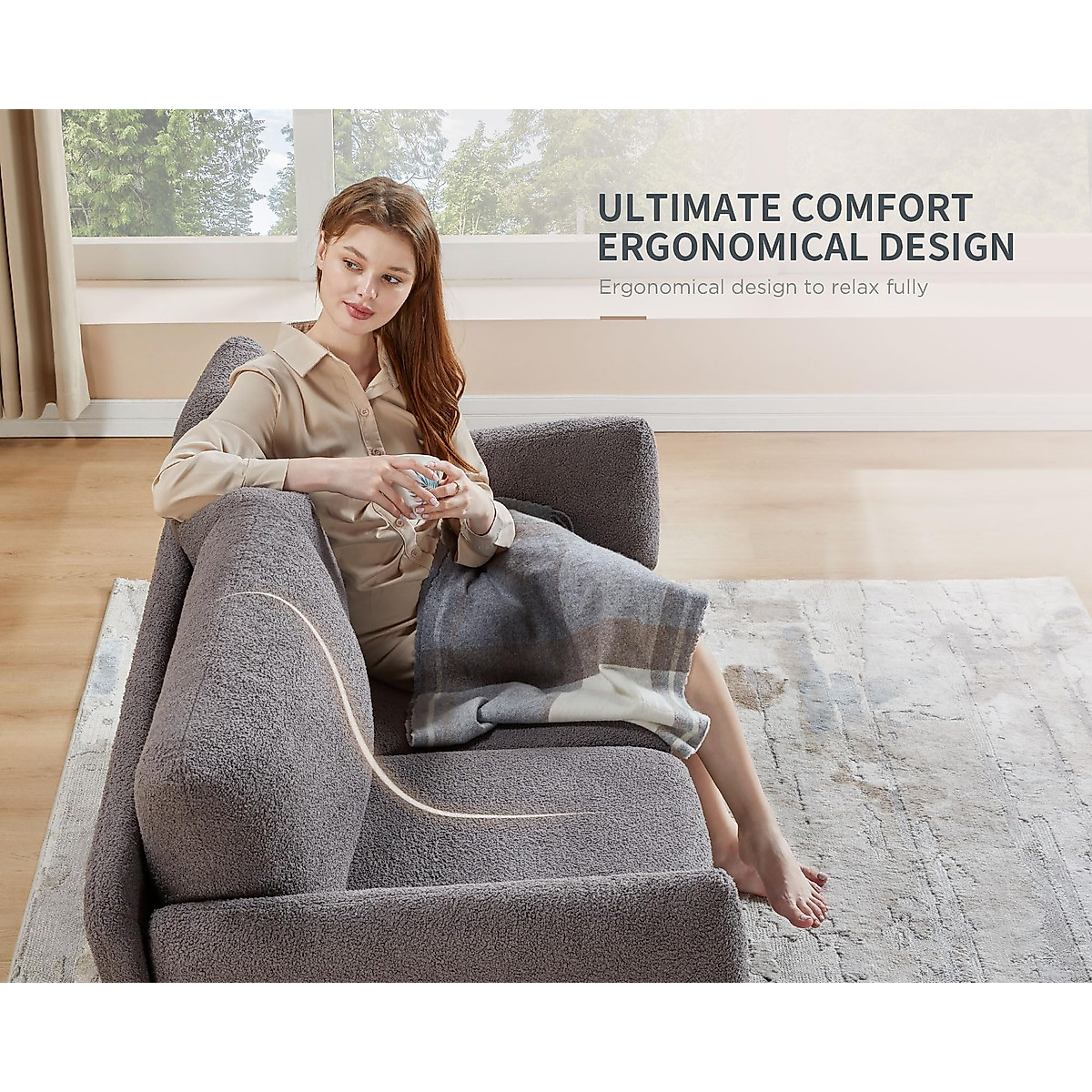 papababe Sofa Couch, Modern Couches with Embedded Armrest, 3-Seater Couch for Living Room, Grey Bouclé Cozy Couch