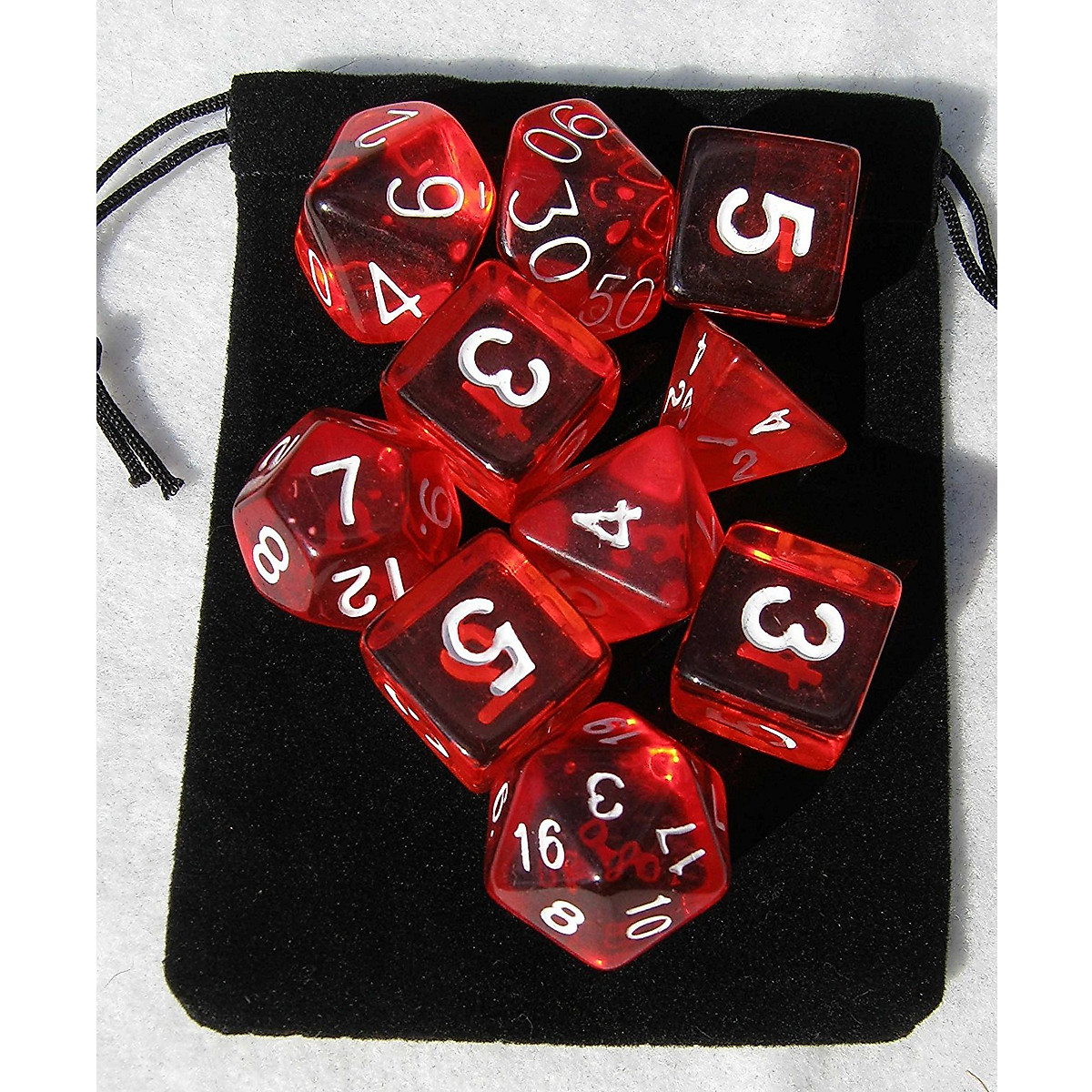 Translucent Red RPG D&D Dice Set: 7 + 3d6 = 10 polyhedral die plus bag! by Dave's Dice