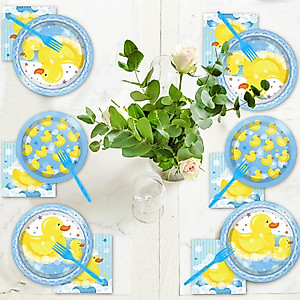 gisgfim 96 Pcs Duck Plates Duck Birthday Party Decorations Duck Disposable Paper Plate and Napkins Rubber Duck Themed party supplies for Birthday Baby Shower Gender Reveal Favors for 24 Guests
