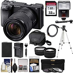 Sony Alpha A6400 4K Wi-Fi Digital Camera & 18-135mm Lens with 32GB Card + Battery & Charger + Case + Filters + Tripod + Flash + Telephoto & Wide-Angle Lens Kit