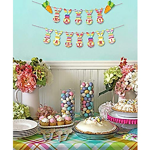 Easter Banner and Balloons Decorations, Happy Easter Bunny Banner Garland and 20 Pcs Bunny Pattern Balloons for Easter Home Decor Party Supplies (A)
