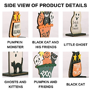 SY Super Bang Wooden Halloween Table Top Decorations - 6PCS Retro Halloween Decor Including Black Cat/Pumpkin Monster/Ghost/Skull Crafts, for Home Farmhouse Holiday Indoor, Rustic