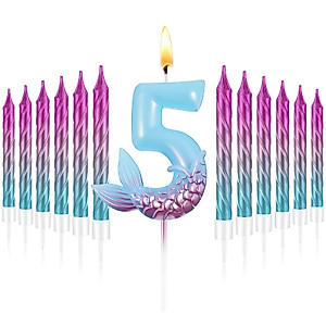 MTLEE 13 Pcs Birthday Candles Set 1 Mermaid Birthday Candle with 12 Pcs Rainbow Spiral Candles Mermaid Cake Toppers Mermaid Birthday Decorations Mermaid Theme Birthday Cake Candles (Number 5)