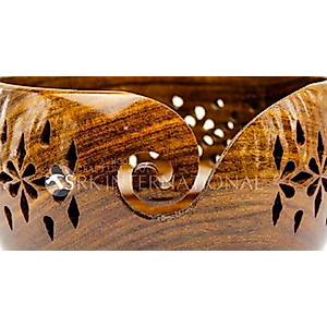 Rosewood Crafted Wooden Yarn Storage Bowl with Carved Holes & Drills | Knitting Crochet Accessories | SRK International | Small - 6 X 3, Brown (SB - 201)