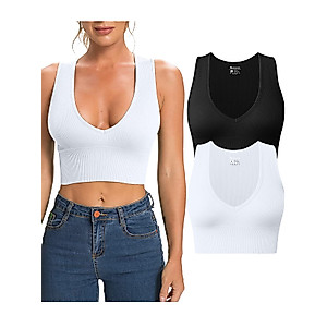OQQ Women's 2 Piece Tank Top Ribbed Sleeveless Sexy Deep V Neck Removable Cups Yoga Crop, Black,white, Small