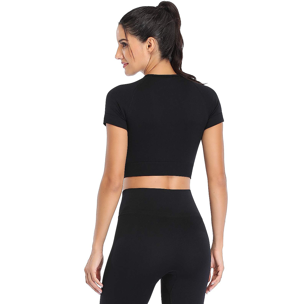 JOLLMONO 2 Piece Short Sleeve Outfits for Women Seamless Crop Tops Set for Women Workout Set(8005S-Black)
