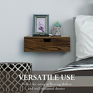 MyGift 15.5 Inch Rustic Floating Shelf with Drawer, Burnt Solid Wood Decorative Wall Mounted Wooden Bedroom Nightstand or Storage Console Table