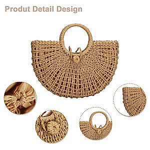 Round Straw Bag Rattan Crossbody Bag Handwoven Natural Summer Beach Shoulder Bag for Women (Khaki)