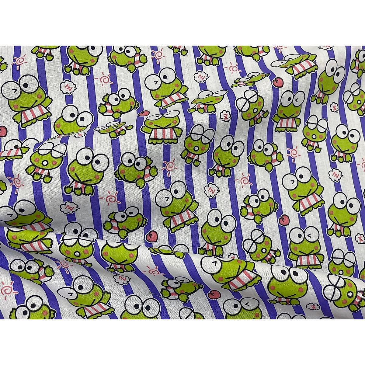 AMORNPHAN 44 Inch Green Keroro Happy Frog Cartoon Purple Stripes Printed On White Cotton Fabric Themed Pattern with Frogs for Craft Decorative Kid Patchwork Handmade Sewing Crafting for 1 Yard