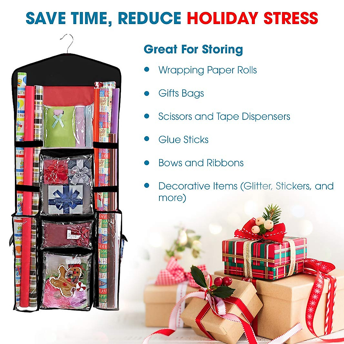 ProPik Hanging Double Sided Wrapping Paper Storage Organizer With Multiple Pockets Organize Your Gift Wrap, Gift Bags Bows Ribbons 40"X17" Fits 40 Inch Rolls Clear PVC Bag (Black)