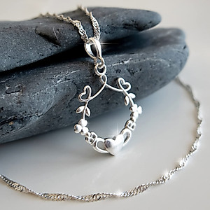 ICEBERRY Irish Claddagh Necklace 925 Sterling Silver - Dainty Leaf Clover Wreath Pendant with Chain 20" - Good Luck Blessing Shamrock Charm - Celtic Jewelry for Women