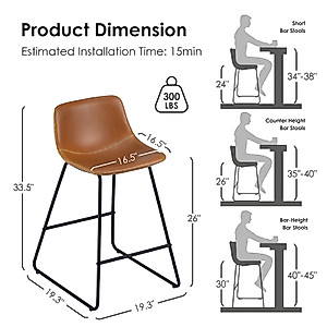Soohow 26 Inch Counter Height Bar Stools Set of 4, Comfortable Kitchen Island Stools with Back Support, Waterproof Leather Upholstered Modern Chairs for Home Bar Furniture and Kitchen Counter
