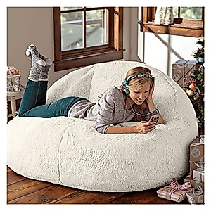 BORRGTU Bean Bag Chair,No Filling Living Room Furniture Big Round Soft Fluffy(it was only a Cover, not Full Bag) Faux Fur BeanBag Lazy Sofa Bed Cover Giant White 80x135cm