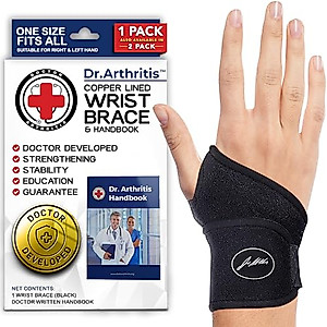Dr. Arthritis Doctor Developed Copper Wrist Brace/Wrap for Carpal Tunnel Support, Wrist Splint Brace -F.D.A. Medical Device & Doctor Handbook-Night Support for Women Men-Right & Left hands (Single)