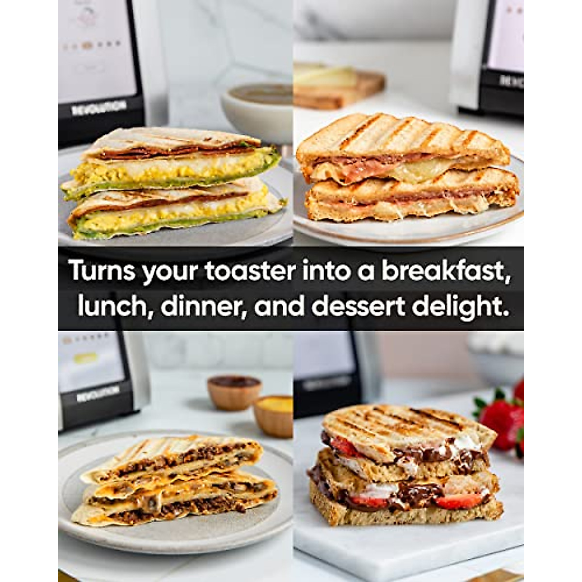 Revolution Panini Press accessory for toasters. Make grilled cheese, paninis, quesadillas and more in your toaster. Perfectly melts and crisps. Safe and easy to clean.