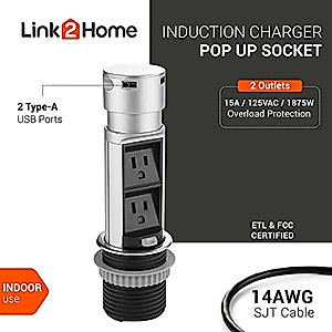 Link 2 Home Space Saver Pop Up Outlet Station with USB, 2 Power Outlets 15A, 2 USB Ports 2.4A Fast Charge Splash Resistant, Stainless-Steel Finish, for Kitchen Island, Office Table and Workshop