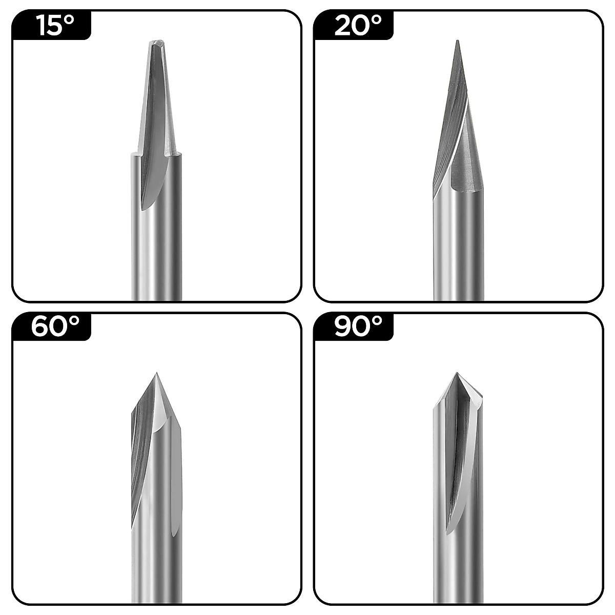 MNA Engraving CNC Wood Carving Router Bit Set, 4 Piece, 1/4" Shank, Soild Carbide 15° 20° 60° 90° V Groove Bit. for CNC or Wood Router, MNA Industrial Grade.