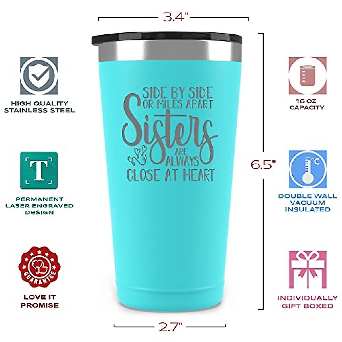 Sister Gifts From Sisters - Sisters Are Always Close at Heart - Unique Gifts for Best Friend Woman - Little Sister Gifts Ideas - Sister Birthday Gifts from Sister - Tumblers For Women 16 oz Mint