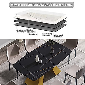 Modern Kitchen Dining Table, 63" Rectangular Sintered Stone Tabletop Dining Table with Gold Carbon Steel Table Legs, Kitchen Table Dining Room Table for Dining Room Living Room, Black(Without Chairs)
