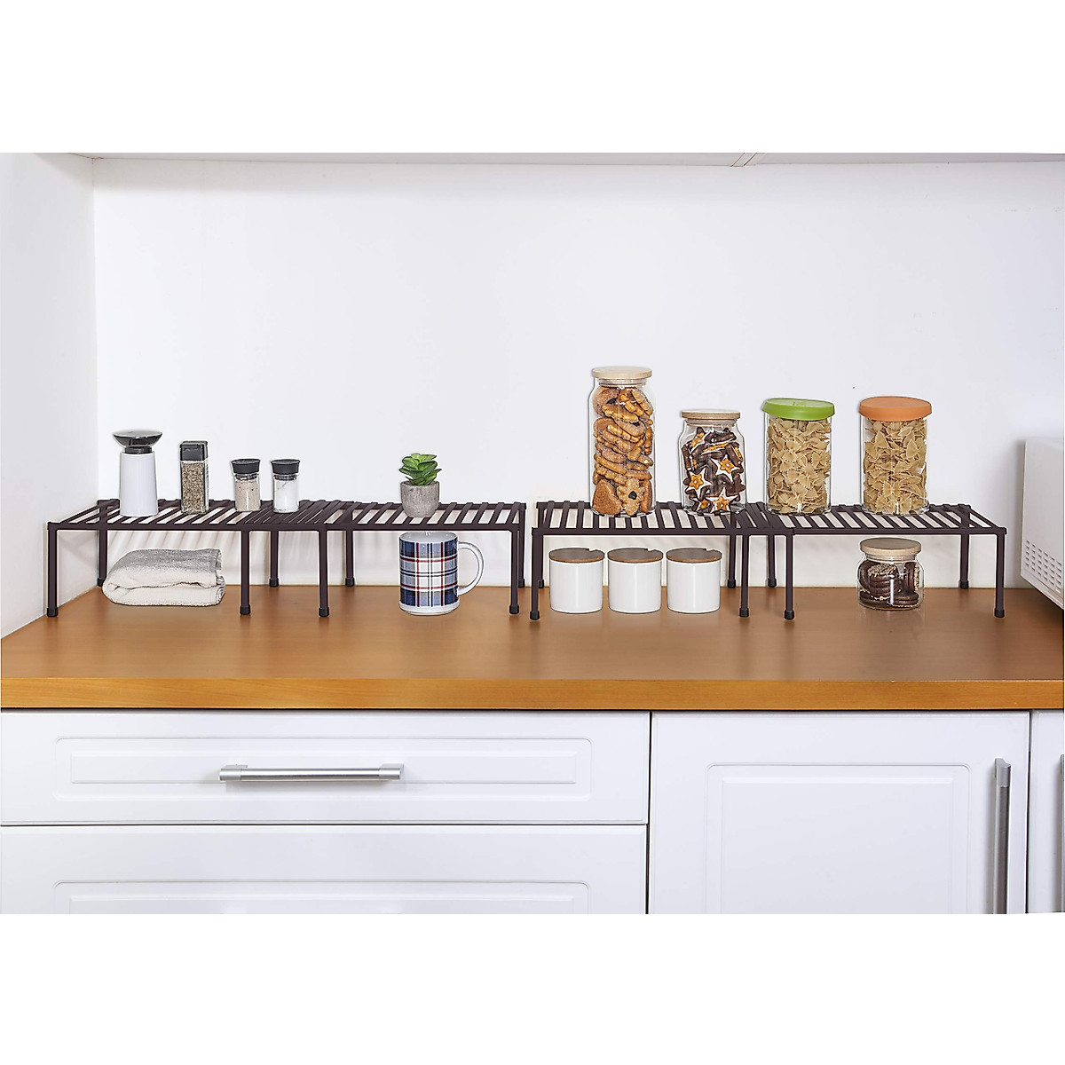 STORAGE MANIAC Set of 4 Kitchen Rack, Expandable Kitchen Storage Rack, Kitchen Shelf Organizer Rack, Adjustable Kitchen Bakers Rack, Kitchen Organization Shelf Rack for Cabinet, Bathroom, Bronze