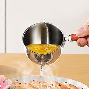 Butter Coffee Milk Warmer with Wooden Handle and Dual Pour Spout Mini Melting Pot Stainless Steel Small Sauce Pan 10oz/300ml Silver