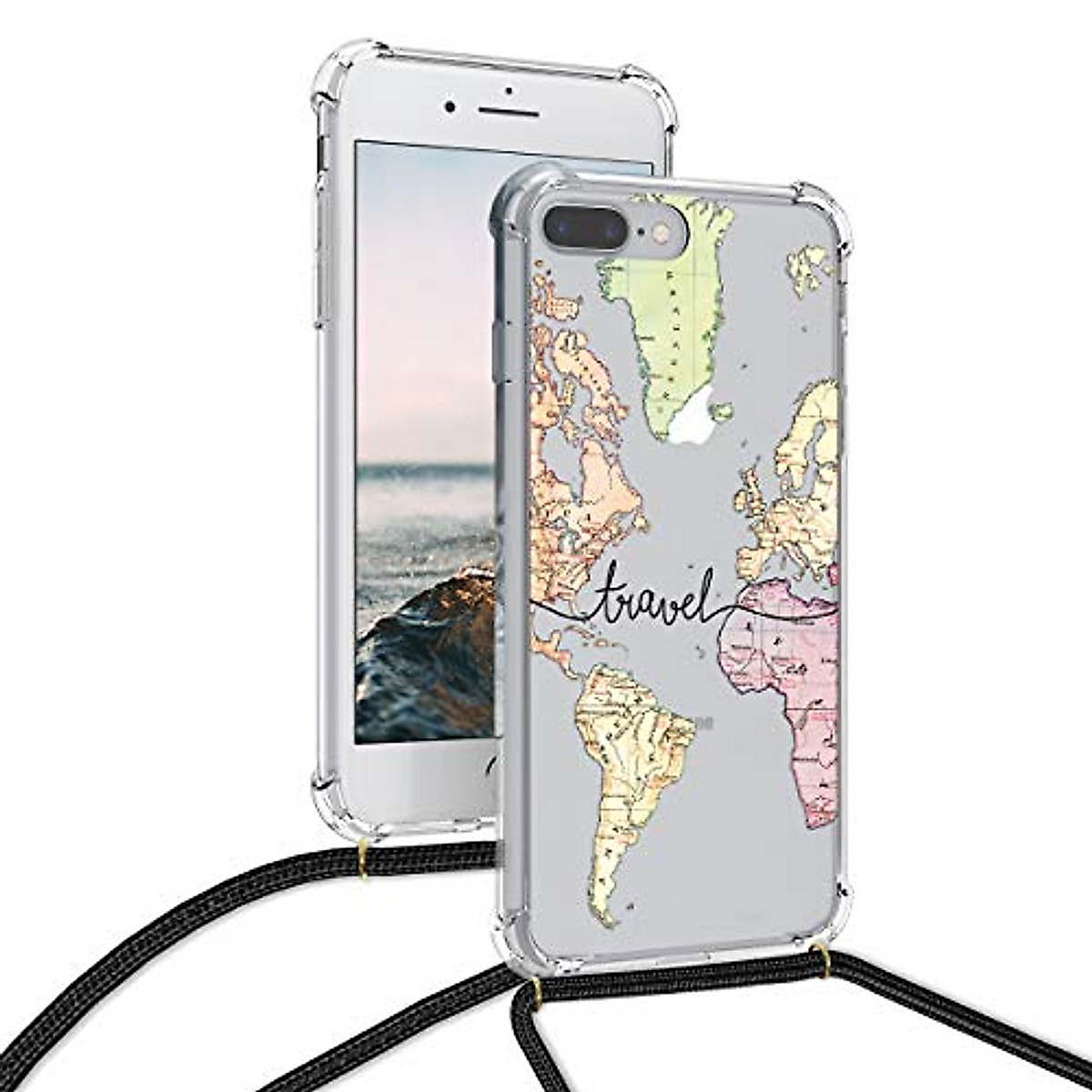 kwmobile Crossbody Case Compatible with Apple iPhone 7 Plus/iPhone 8 Plus Case Strap - Travel Black/Multicolor/Transparent