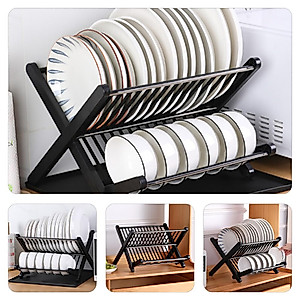 DOITOOL Stainless Steel Dish Drying Rack for Kitchen Counter: 2-Tier Dish Drainer Kitchen Plate Rack with Drainboard - Foldable and Compact for Space-Saving Storage, Black