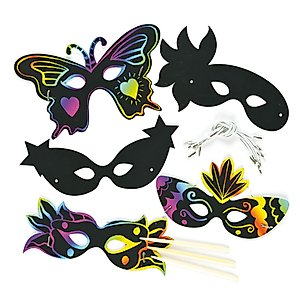 Baker Ross ET771 Carnival Scratch Art Masks - Pack of 10, Rainbow Scratch Paper with Stylus for Kids to Decorate in Arts and Crafts Activities, Black