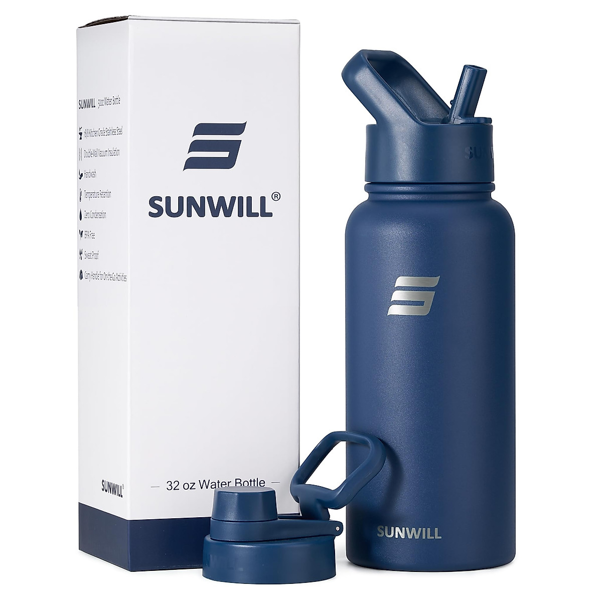 SUNWILL Insulated Water Bottle with Straw 32oz, Stainless Steel Travel Water Bottle, Reusable Wide Mouth Flask with 2 Lids (Straw & Spout Lid), Leak Proof BPA Free Thermal Canteen, Navy