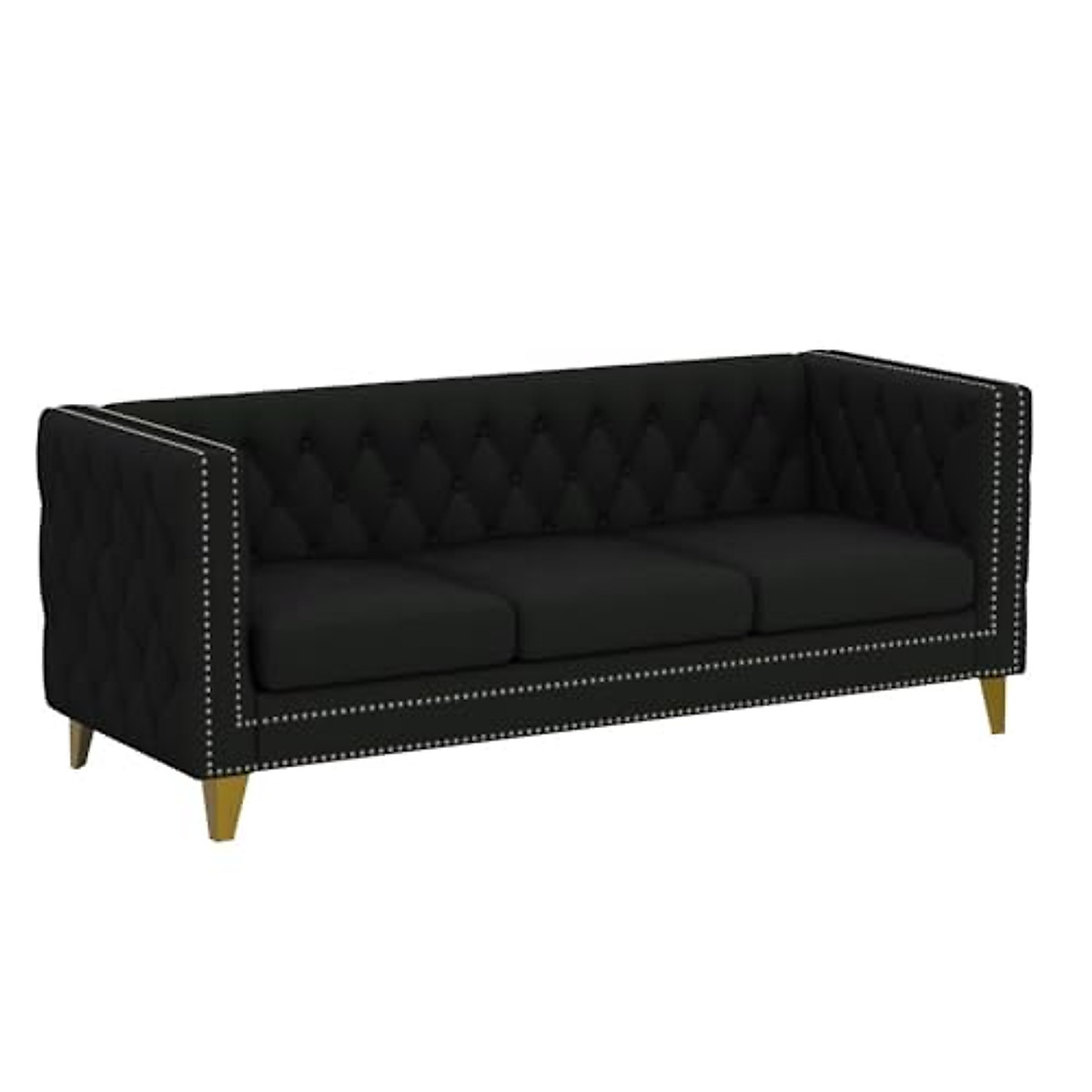 80" Couches for Living Room, Modern Button Tufted Velvet Upholstered Sofa Couch with Square Armrests Inlaid with Gold Nail Heads and 4 Golden Metal Legs for Office, Living Room, Apartment, Black