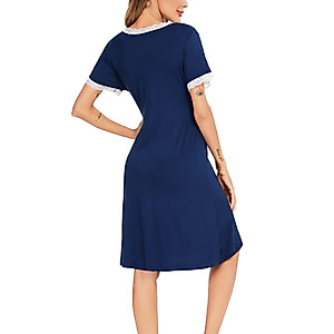 SWOMOG Women 3 in 1 Delivery/Labor/Nursing Nightgown Short Sleeve Pleated Maternity Sleepwear for Breastfeeding Navy Blue