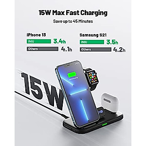 INIU 3 in 1 Wireless Charging Station, 15W Fast Phone Wireless Charger Stand Dock for Apple Watch Charger Stand Series 8 7 6 5 4 3 SE Ultra, iPhone 14 13 12 11 Pro Max Mini, Airpods Pro (with Adapter)